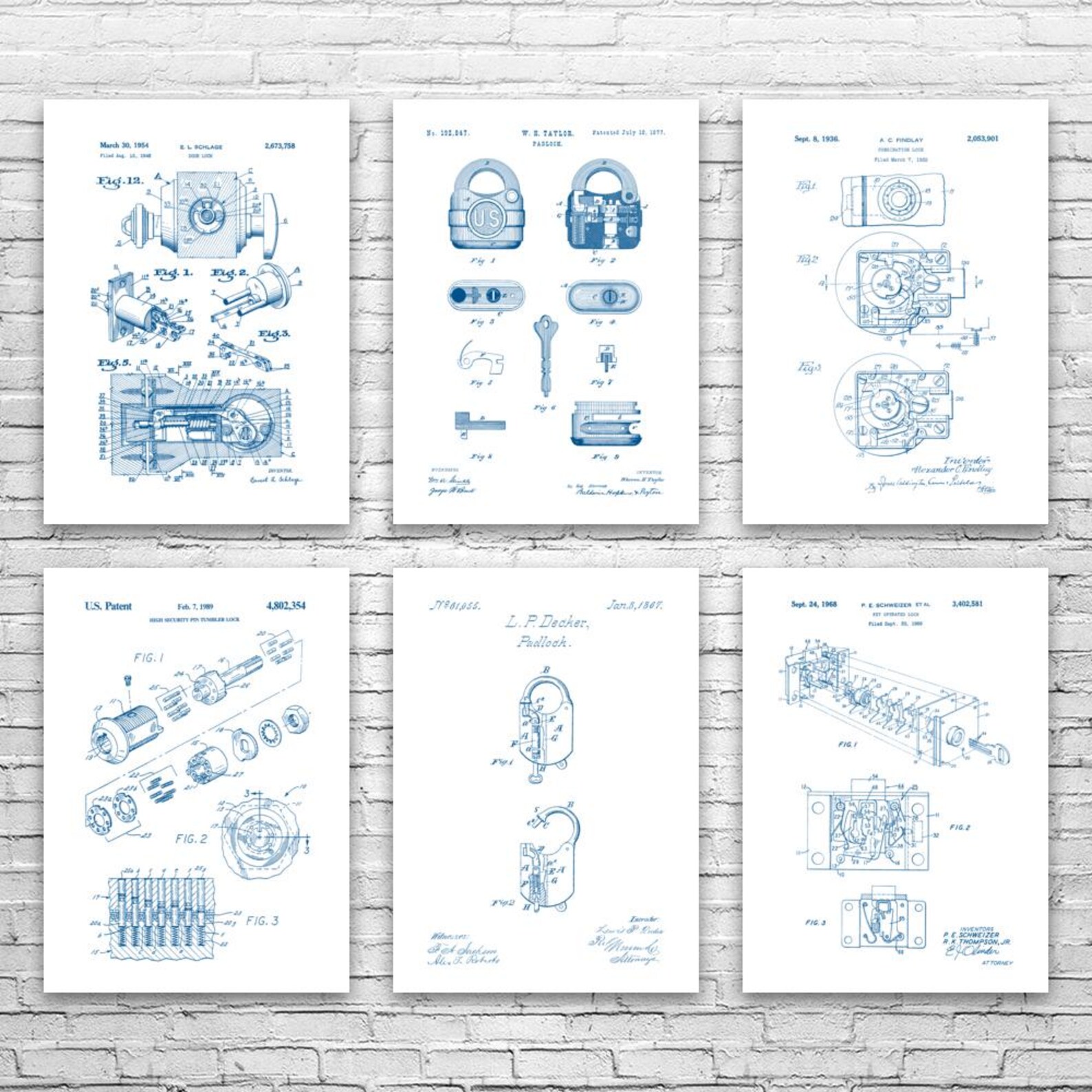 Lock Patent Posters Set of 6, Locksmith Gift, Lock Blueprint ...