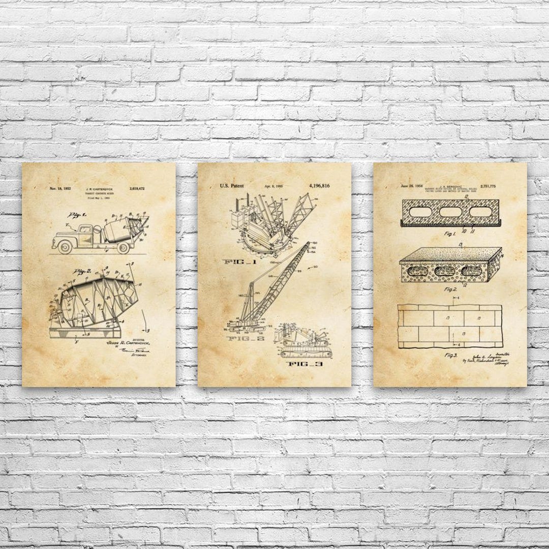 Construction Patent Wall Art Set of 3: Construction Worker, Contractor ...