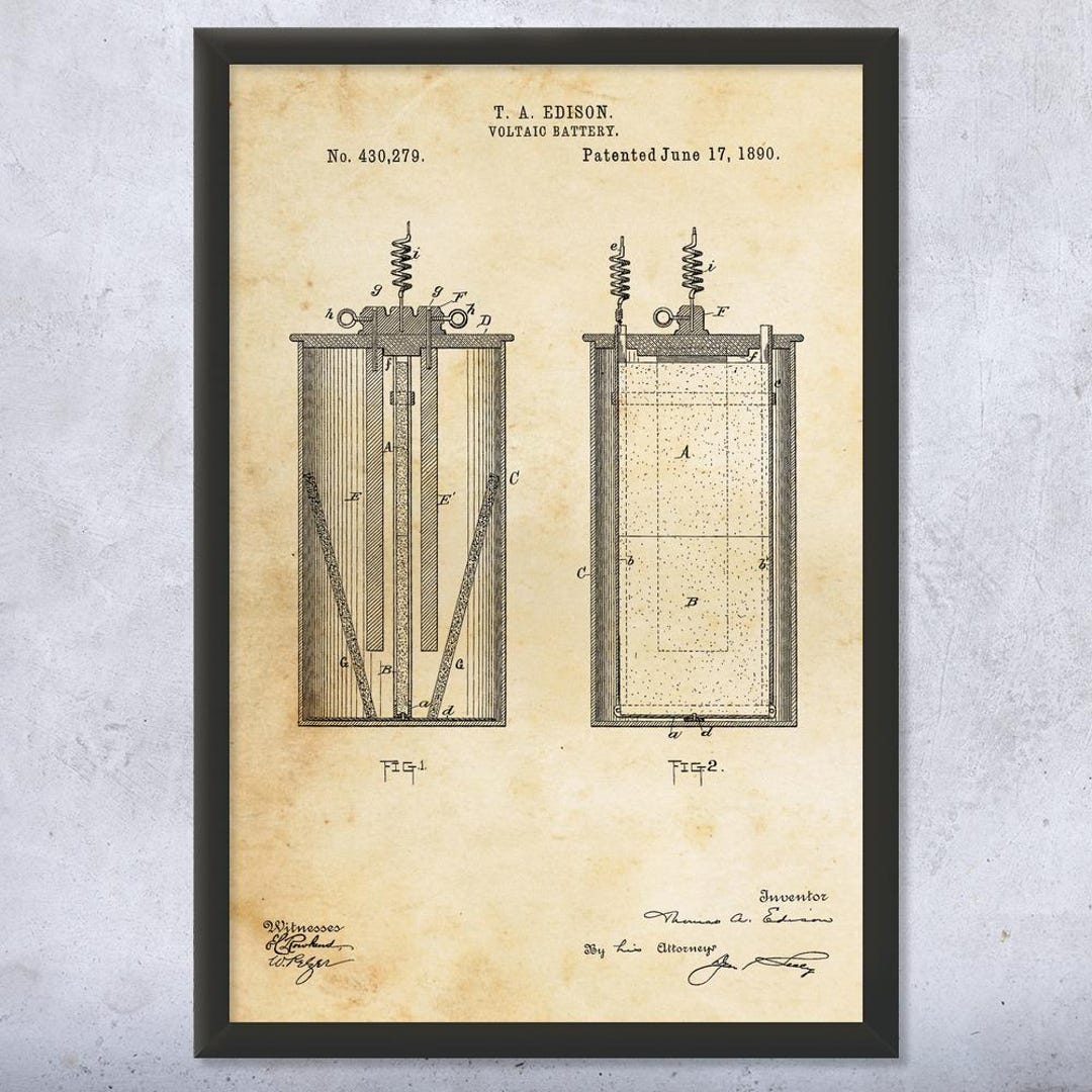 Thomas Edison Voltaic Battery Patent Wall Art | Poster, Canvas or ...