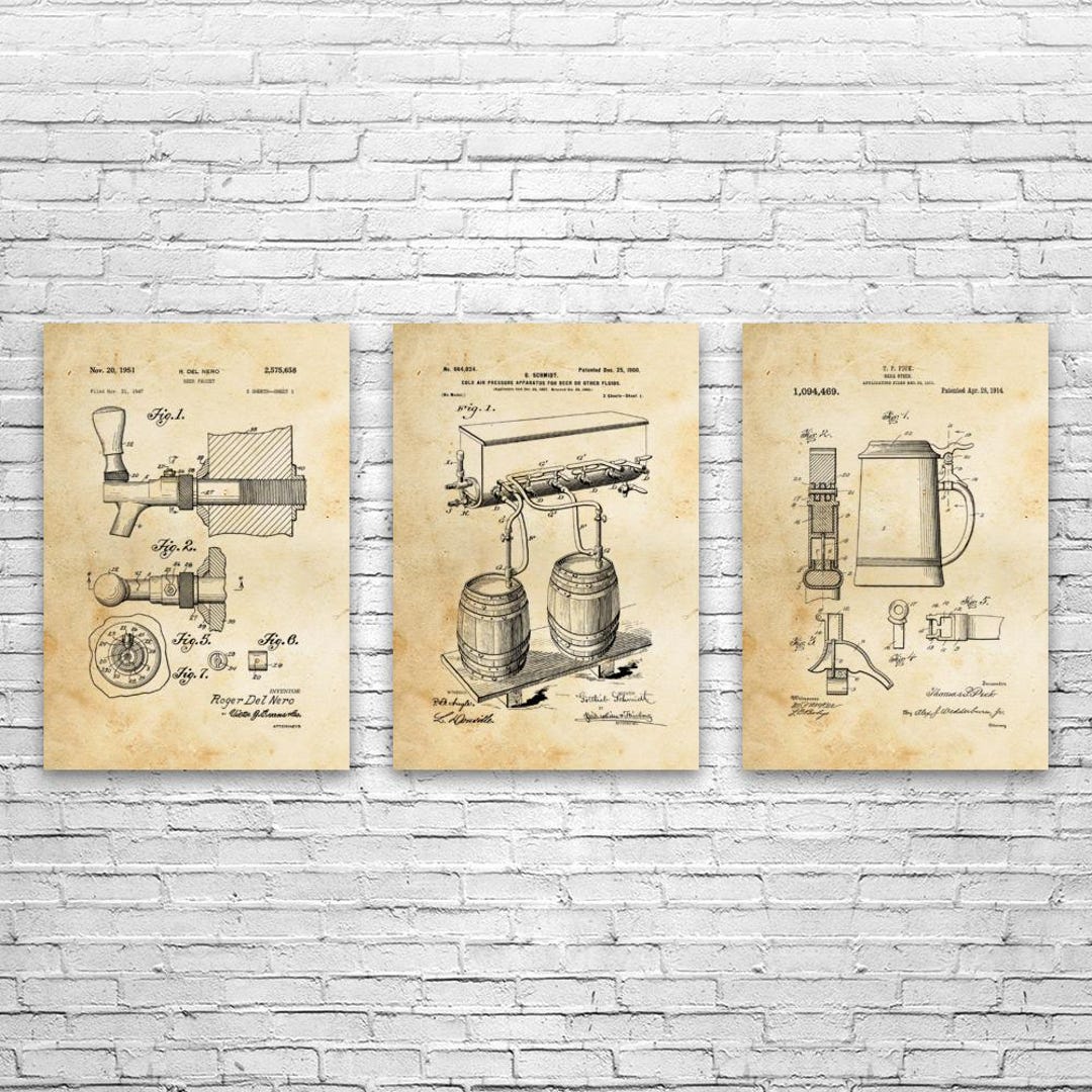 Beer Patent Wall Art Set of 3 | Poster, Canvas or Framed | Bar Decor ...