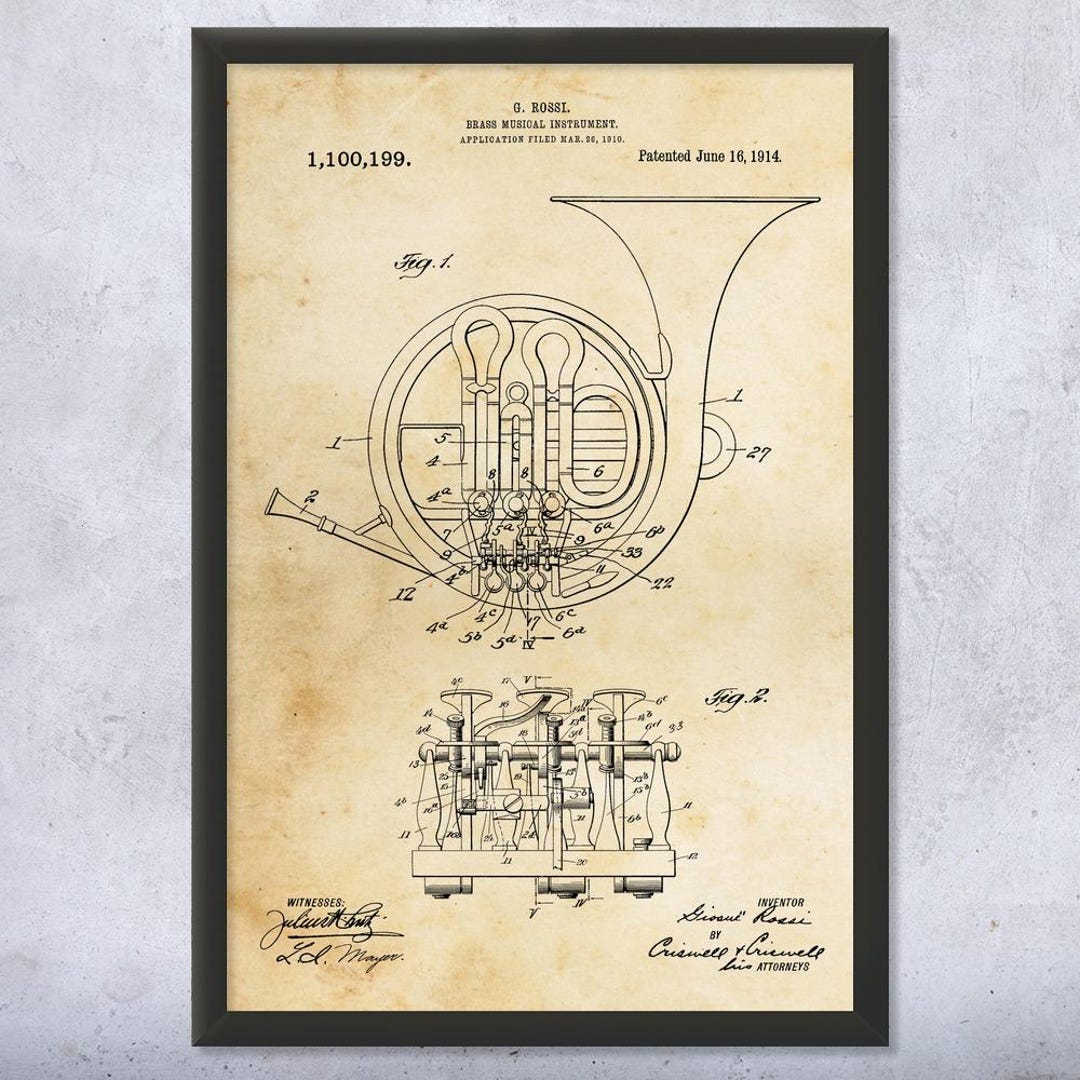 1914 French Horn Patent Wall Art | Poster, Canvas or Framed | Music ...