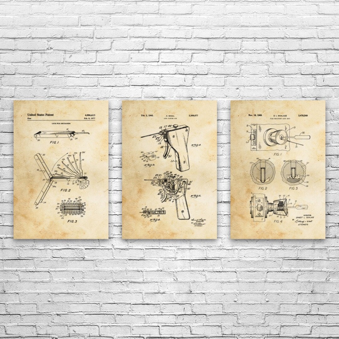 Lock Picking Patent Posters Set of 3, Locksmith Gift, Workshop Decor ...