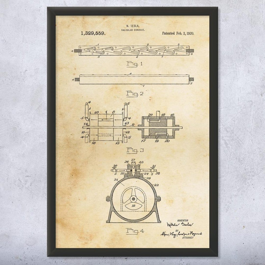 Nikola Tesla Valvular Conduit Patent Wall Art | Poster, Canvas or ...
