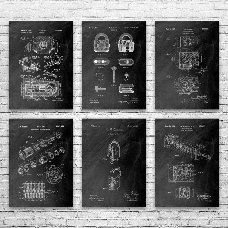 Lock Patent Posters Set of 6 Locksmith Gift Lock Blueprint - Etsy