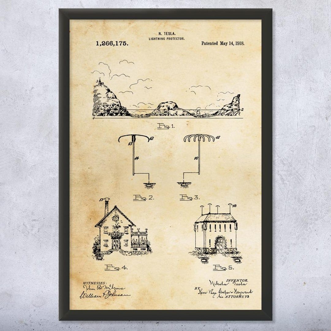 Nikola Tesla Lightning Rod Patent Wall Art | Poster, Canvas or Framed ...