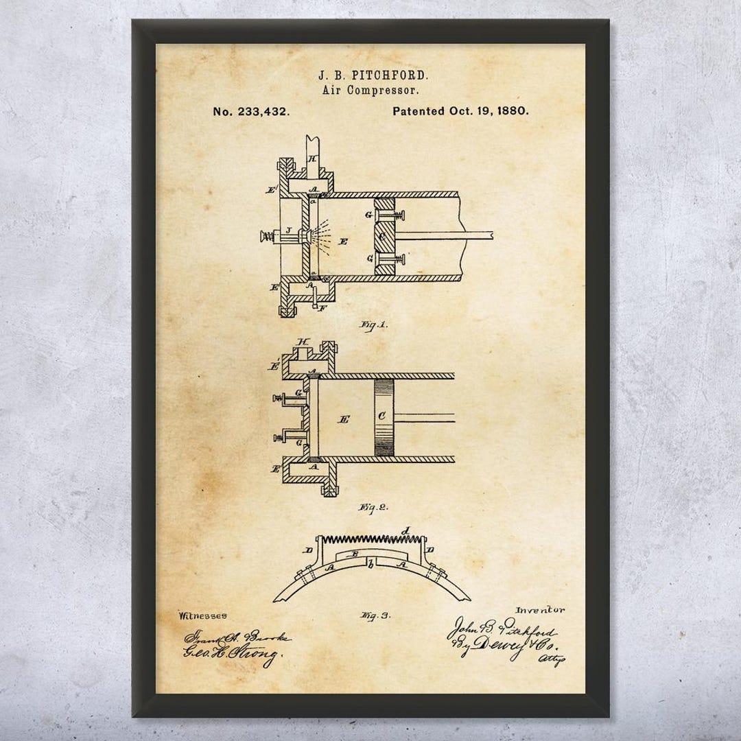 1880 Air Compressor Patent Art Print: Mechanical Engineer, Contractor ...