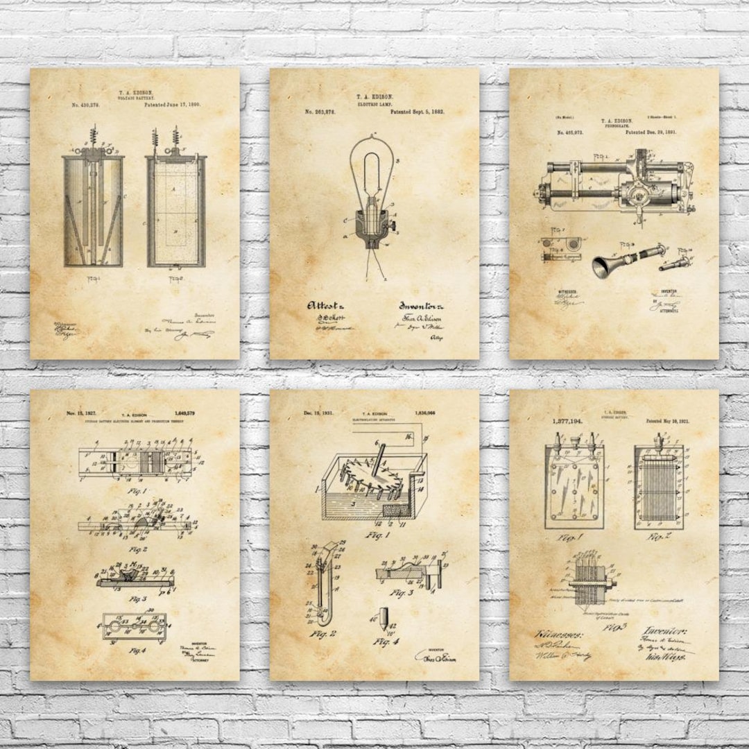 Thomas Edison Patent Wall Art Set of 6 | Poster, Canvas or Framed ...
