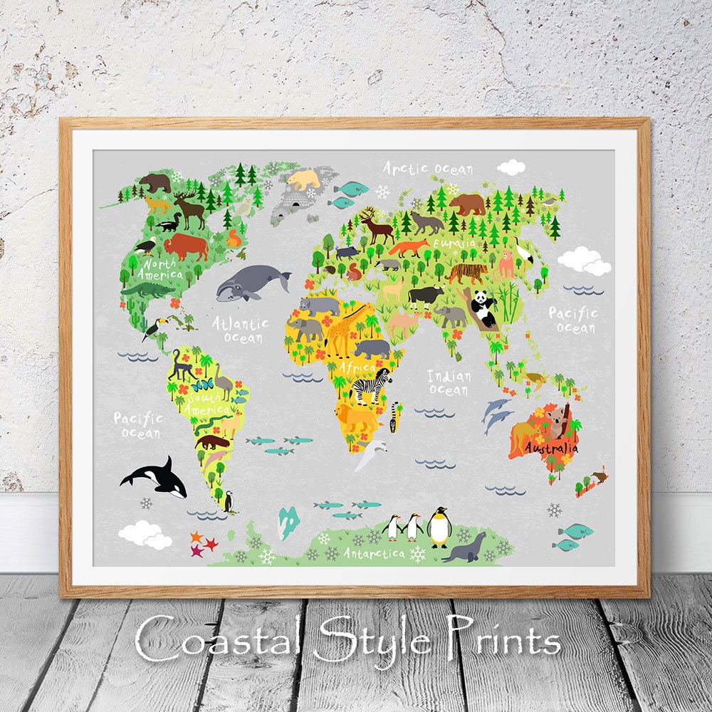 Kids Gray World Map Print, Cute Animals Nursery Decor Kids Wall Art ...