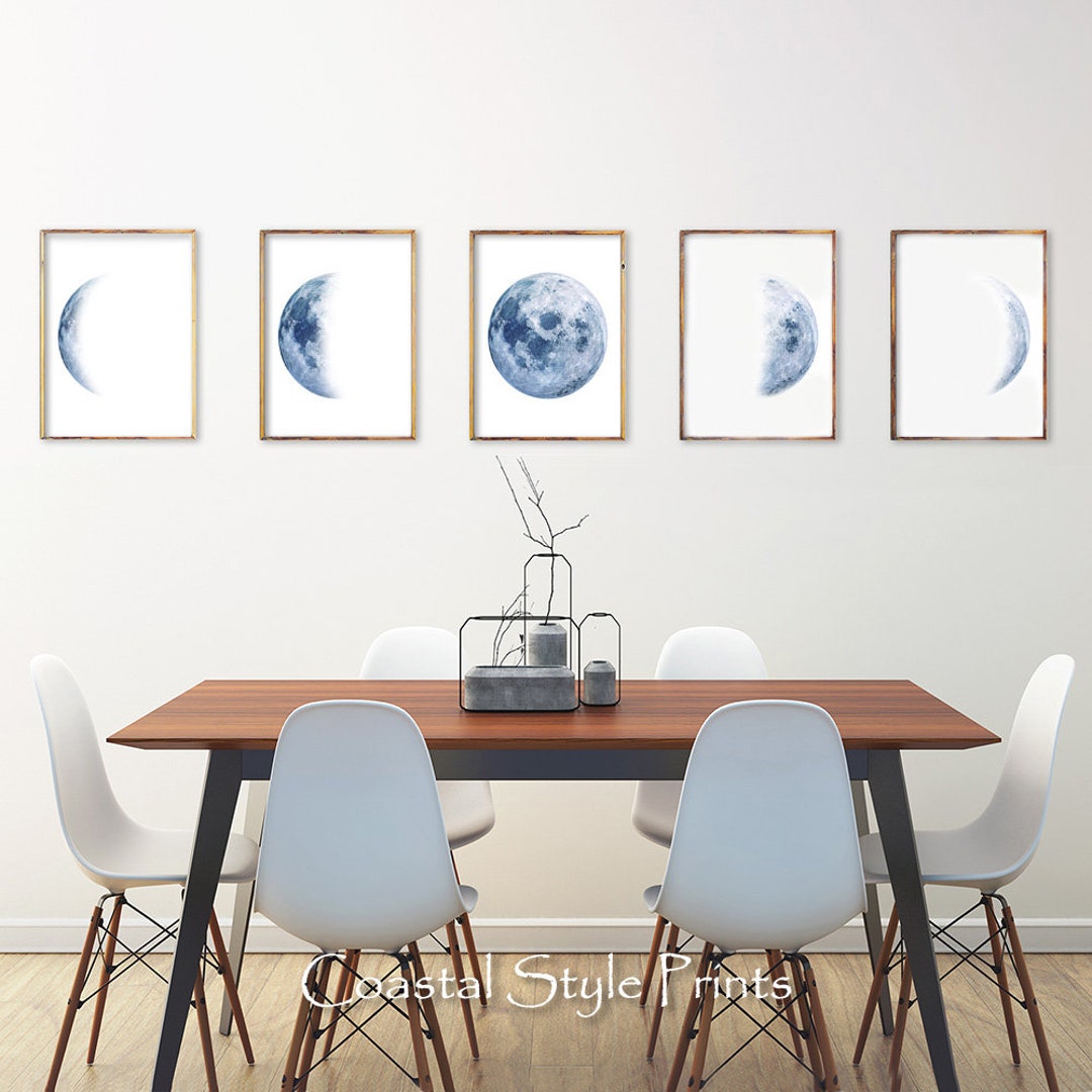 Blue Moon Phase Print Set of 5 Prints, Full Half New Moon Phases Print ...
