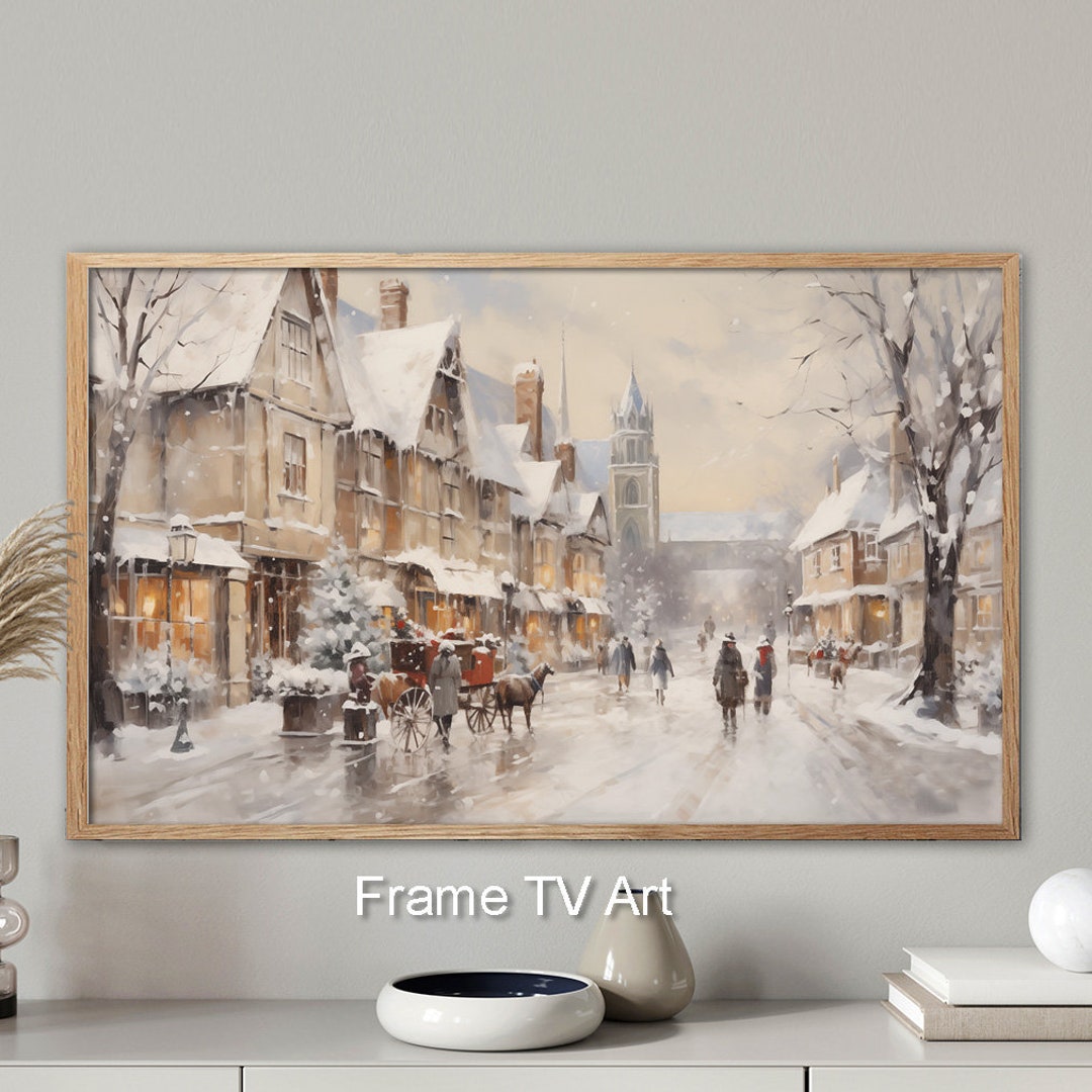 Winter Frame TV Art, Christmas Snowy Cozy European Village, Vintage ...