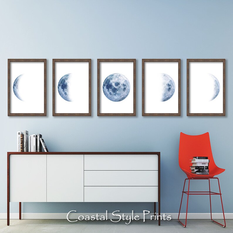 Blue Moon Phase Print Set of 5 Prints Full Half New Moon | Etsy
