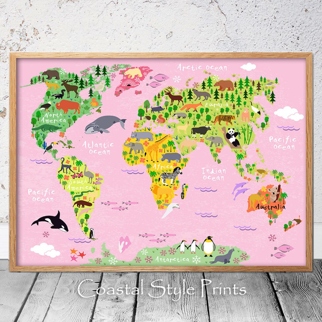 Pink Nursery Decor, World Map Print, Cute Animals Nursery Decor, Kids ...