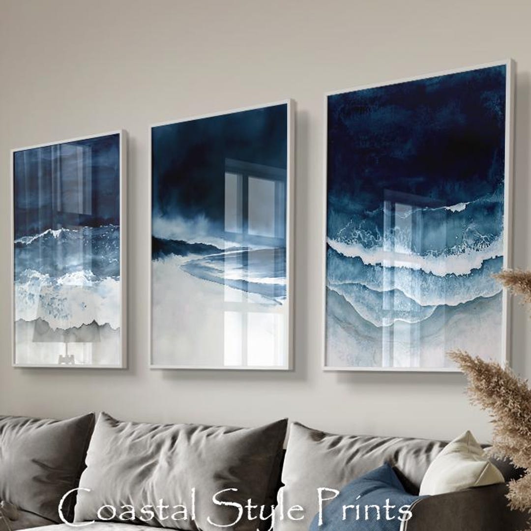 Navy Blue Coastal Wall Art Set of 3 Prints, Beach Wall Art, Teal Blue ...
