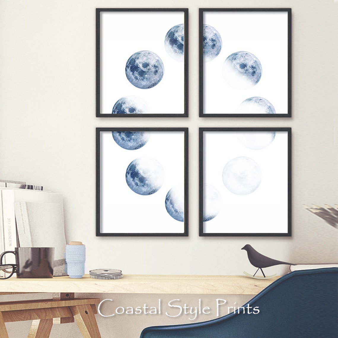 Moon Phase Print, Set of 4 Prints, Moon Phases Print,blue Moon,gift for ...