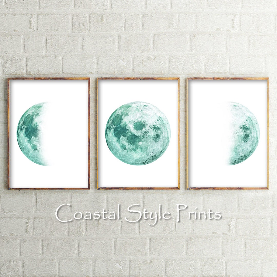 Aqua Moon Phase, 3 Piece Prints, Moon Phase Wall Art, Moon Print ...