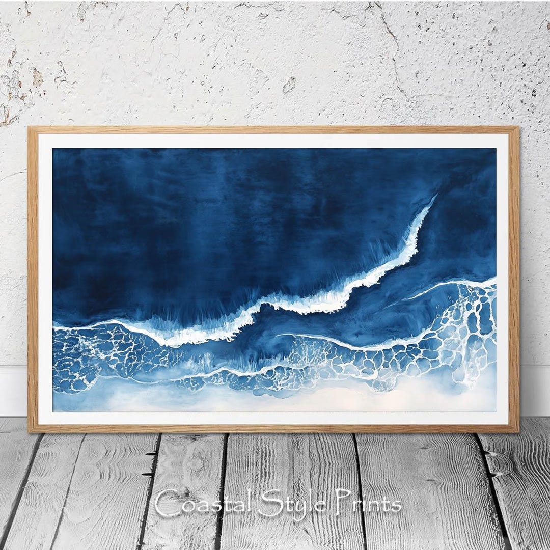 Navy Beach Horizontal Large Wall Art, Watercolor Sea Print, Ocean Art Digital Download, Ocean ...