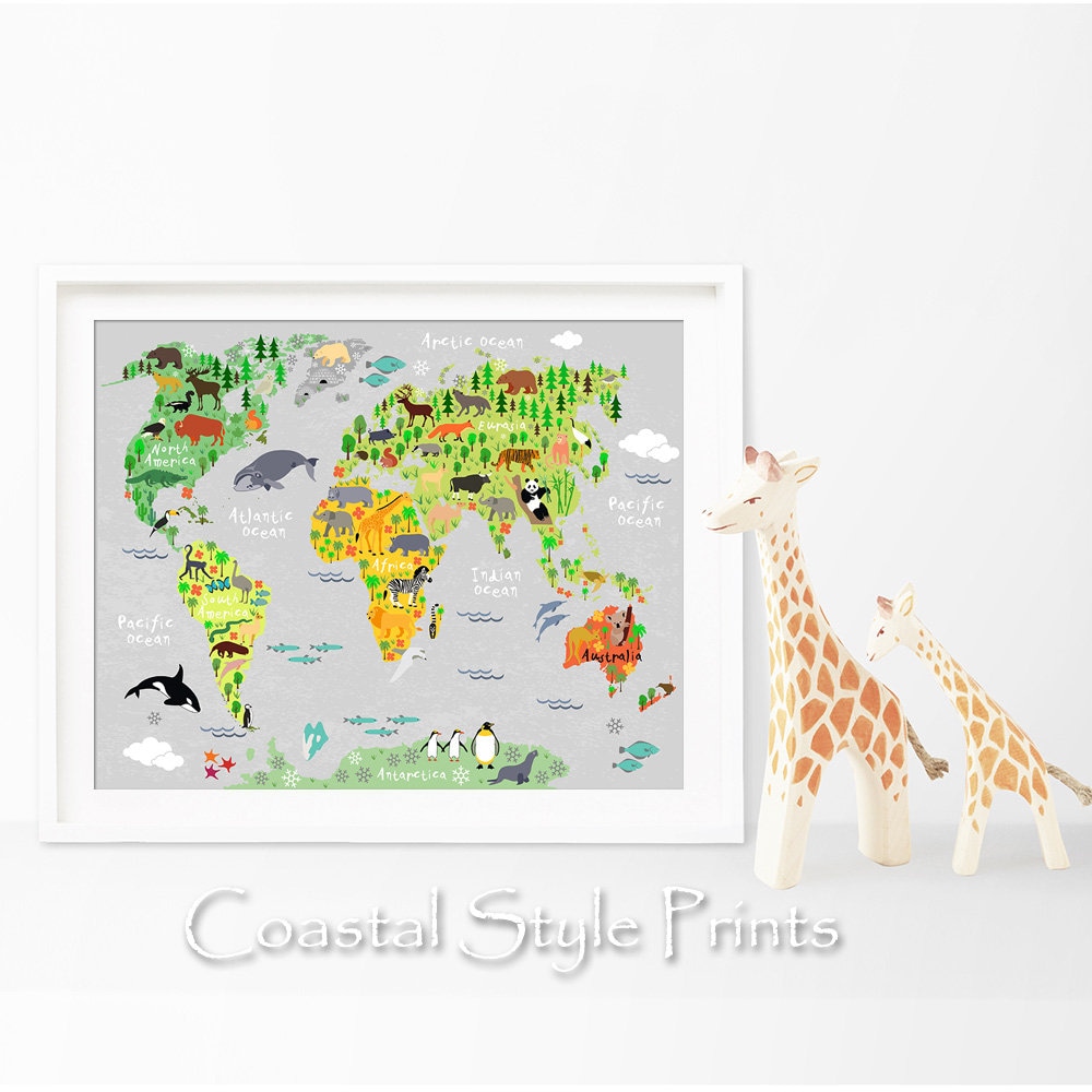 Kids Gray World Map Print, Cute Animals Nursery Decor Kids Wall Art ...