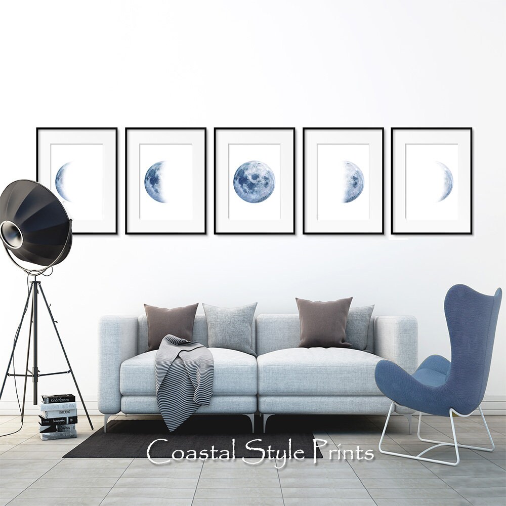 Blue Moon Phase Print Set of 5 Prints Full Half New Moon | Etsy