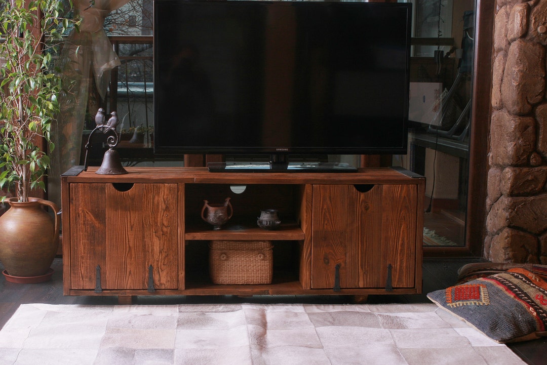 Rustic Style Dark Wood TV Cabinet Stand With Bookcase, Solid Wood ...