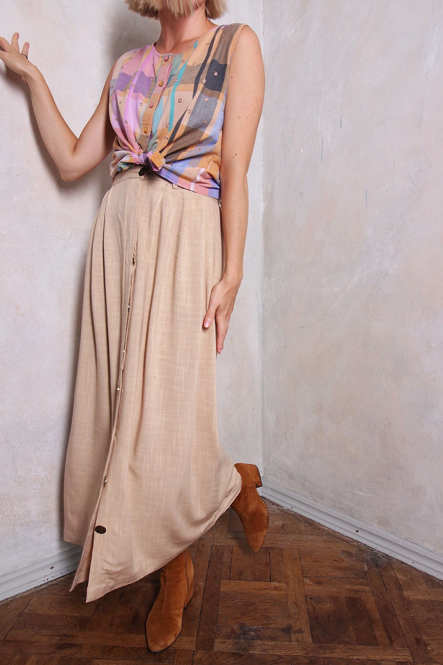 70s Vintage Midi Skirt | Beige Skirt | High Waist Skirt | Light Autumn ...