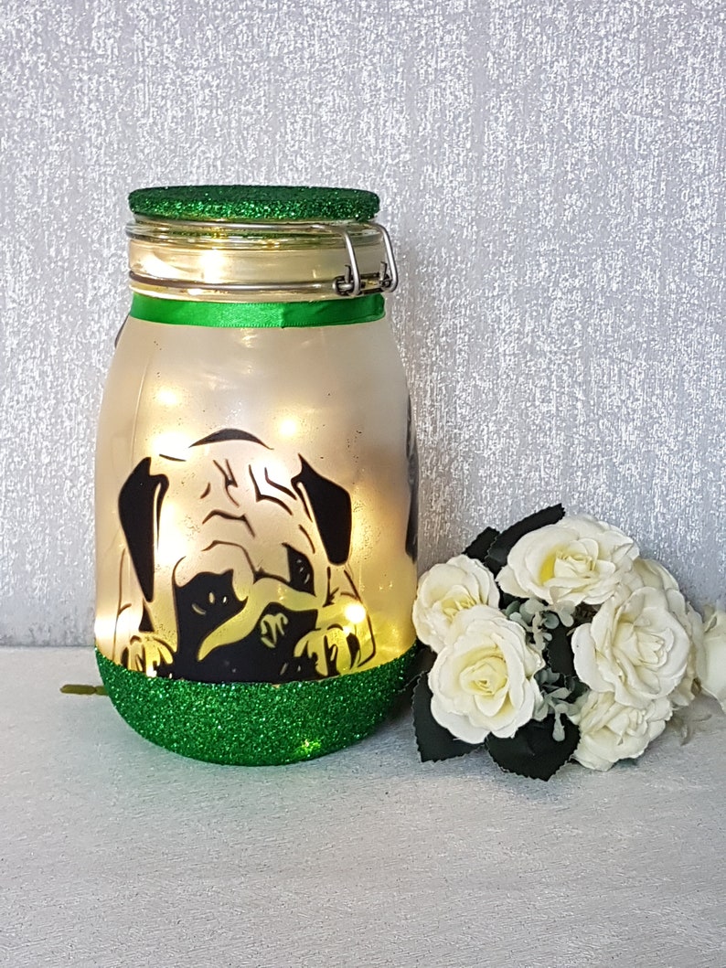 Pug Night Light, Large Fairy Light up Jar, Pug Lamp, Pug Memorial Pug ...