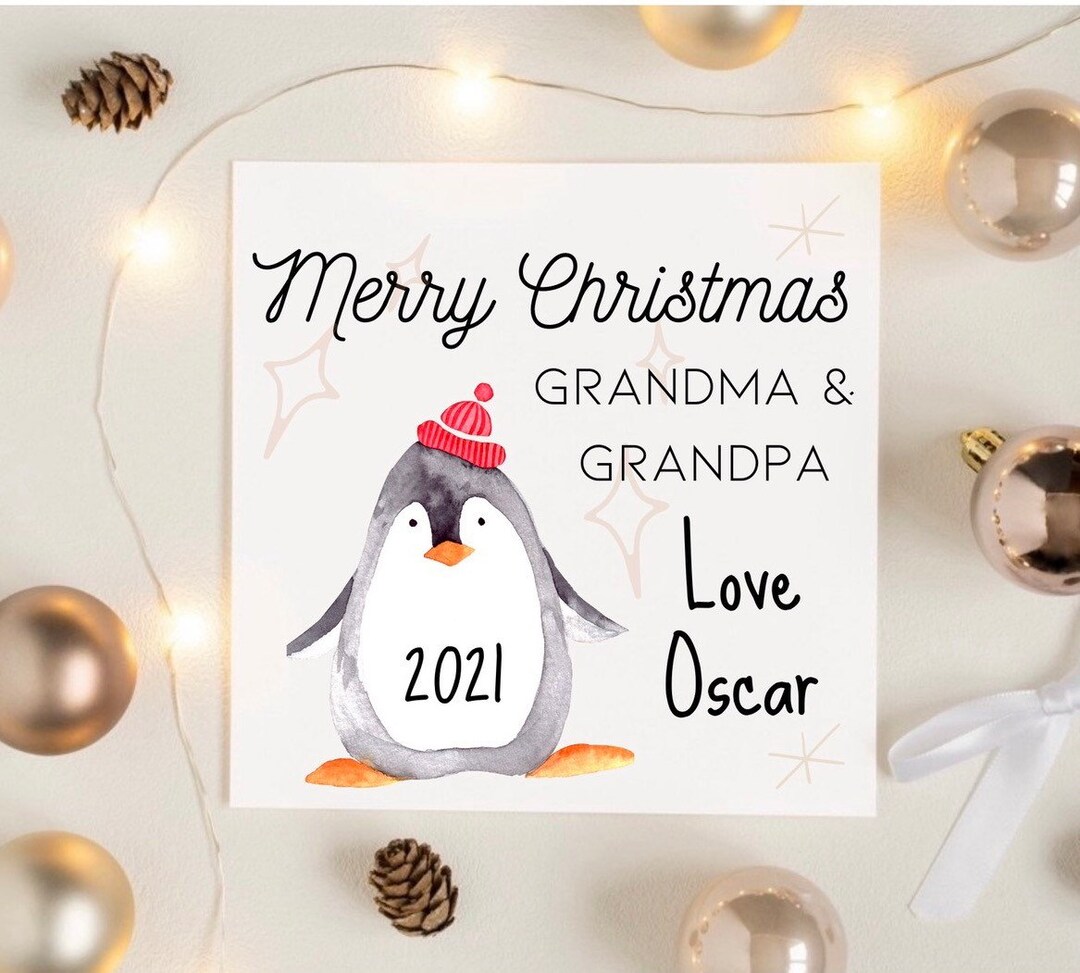 Merry Christmas Grandma and Grandpa Card, Festive Penguin Xmas Card for ...
