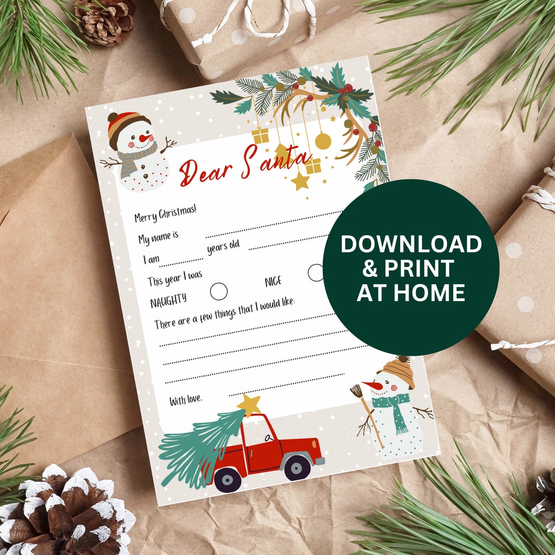 Printable Dear Santa Letter, Kids Letter to Father Christmas, Snowman ...