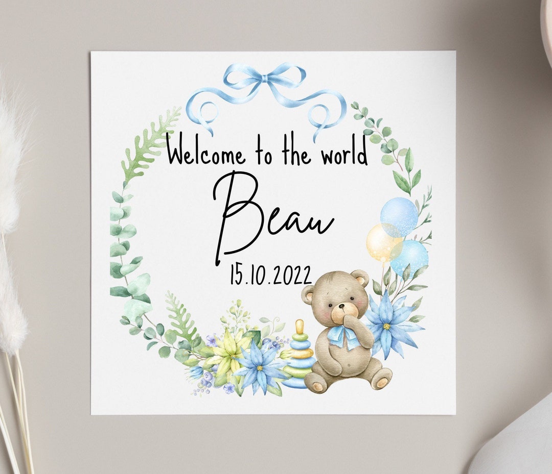 Welcome Baby Boy Card: Blue Bear Eucalyptus, New Grandson - Etsy