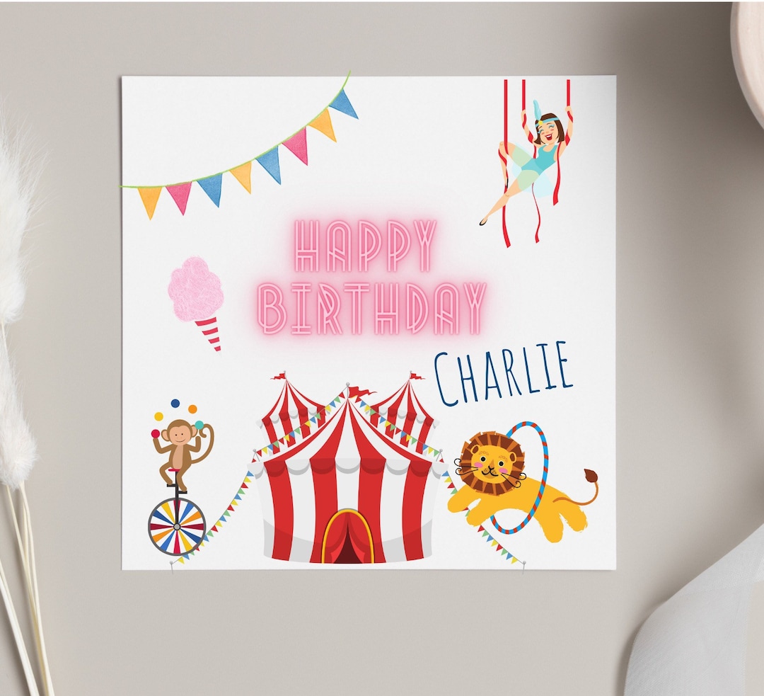 Circus Theme Birthday Card, Personalised Kids Card for Grandchildren ...