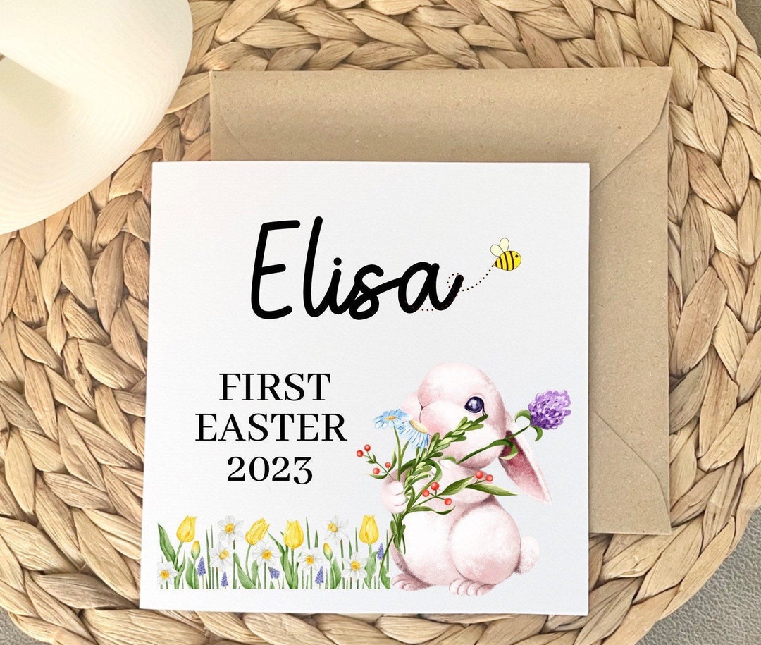 Baby First Easter 2023 Card, Personalised Bunny Rabbit Spring Flowers ...