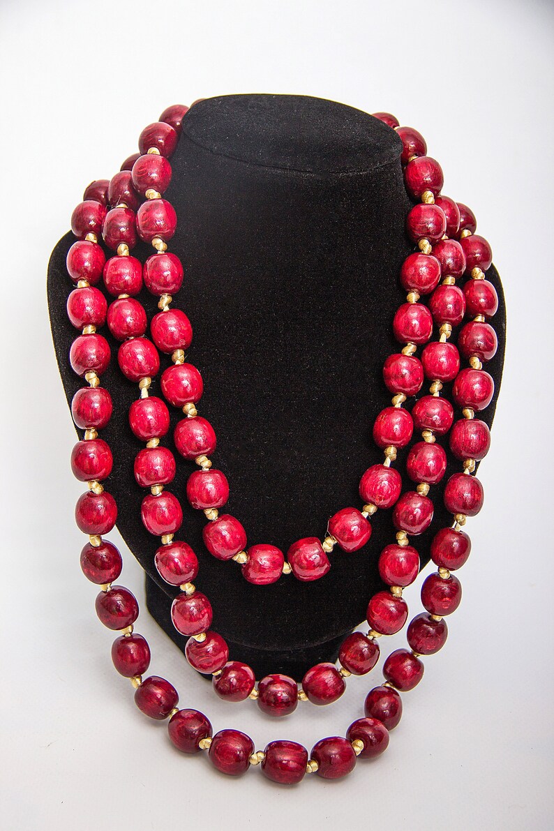 Red Wooden Bead Necklace, Knitted Bohemian Jewelry - Etsy