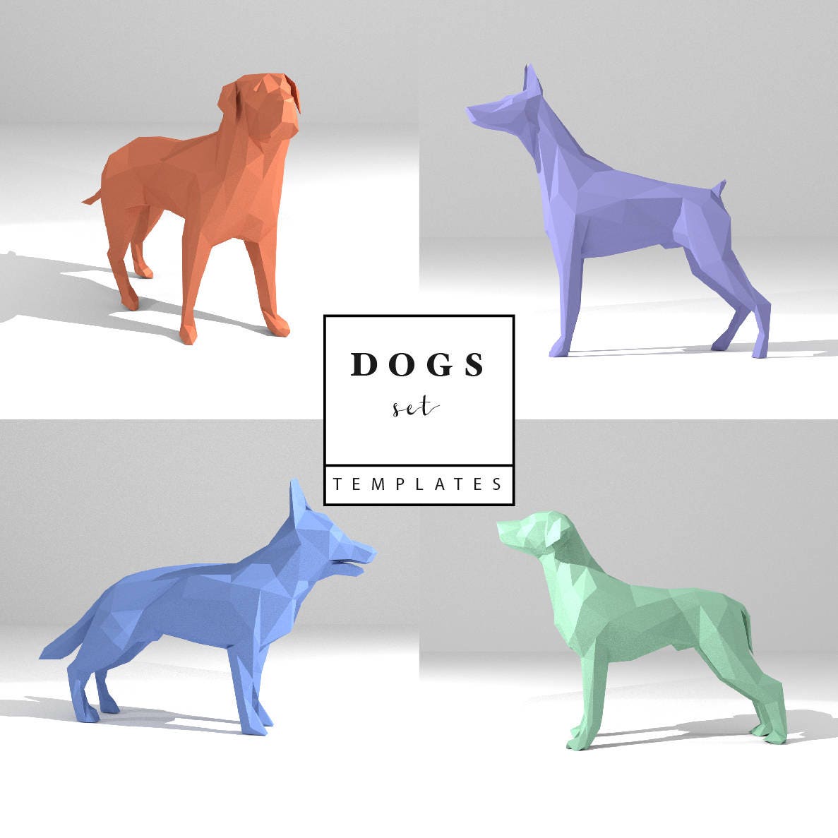 Printable DIY Template (PDF). Dogs Set Low Poly Paper Model Templates ...