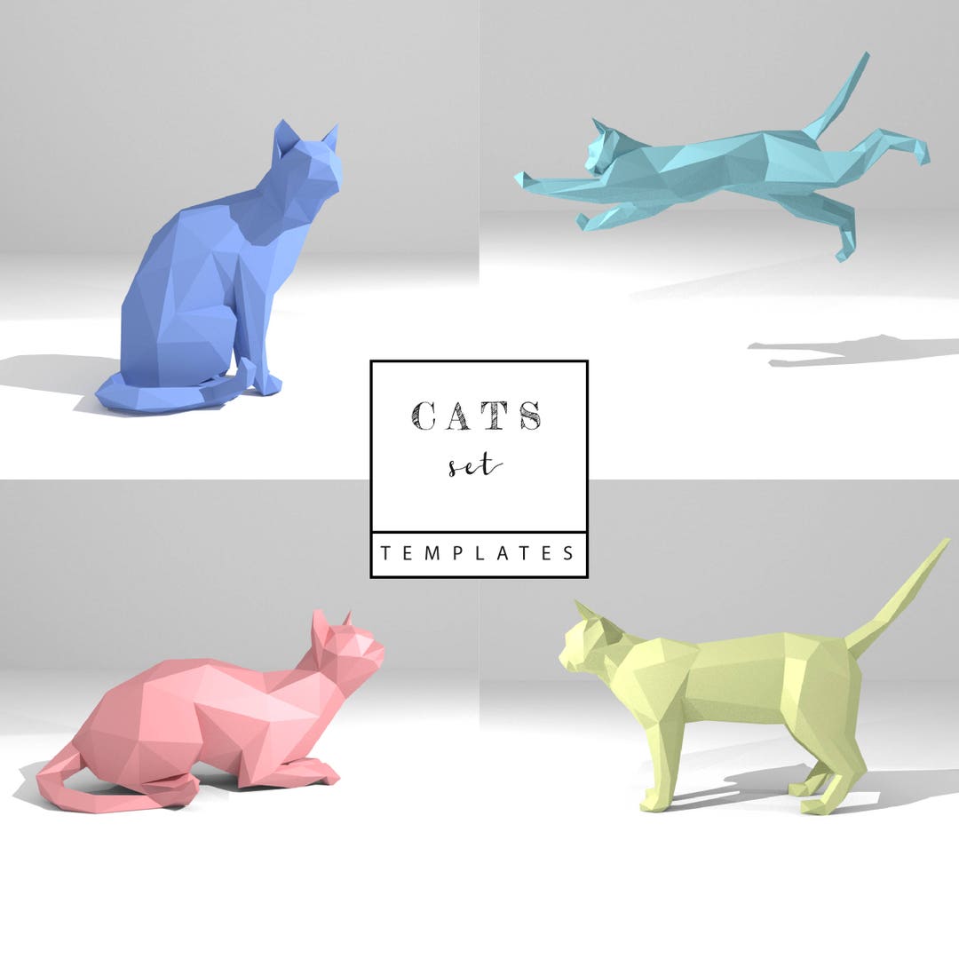 Printable DIY Template (PDF). Cats Set Low Poly Paper Model Templates ...