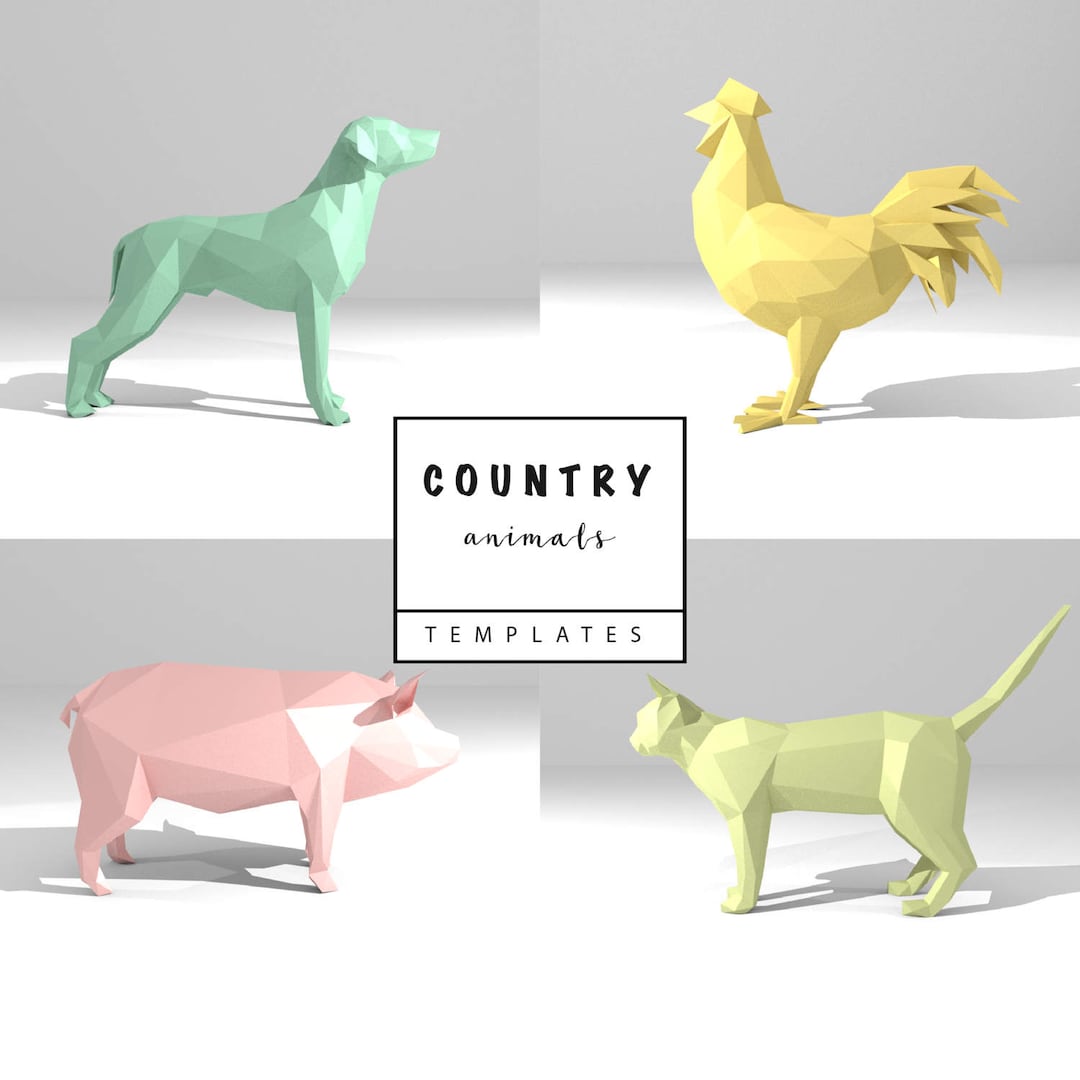 Set of 4 Printable DIY Templates (PDF). Country Animals Paper Model ...