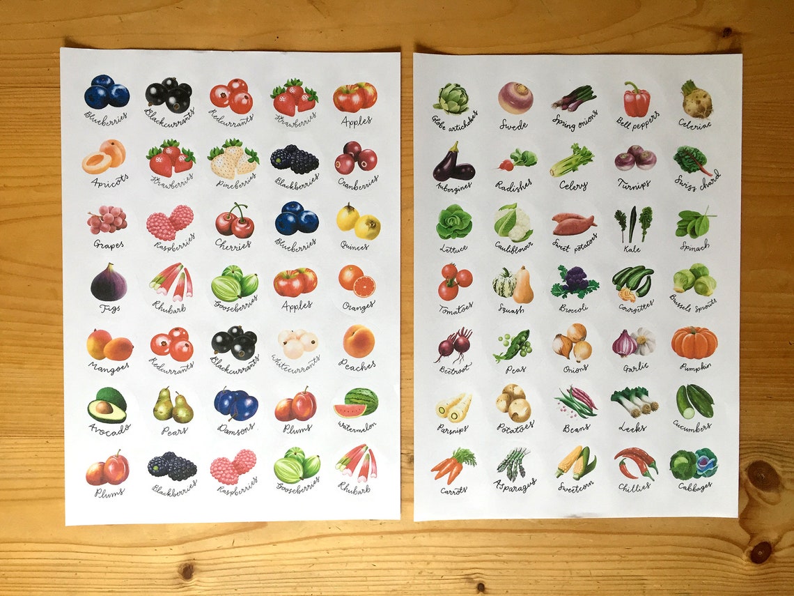 Fruit & Vegetable stickers A4 sheet of 35 circular stickers | Etsy