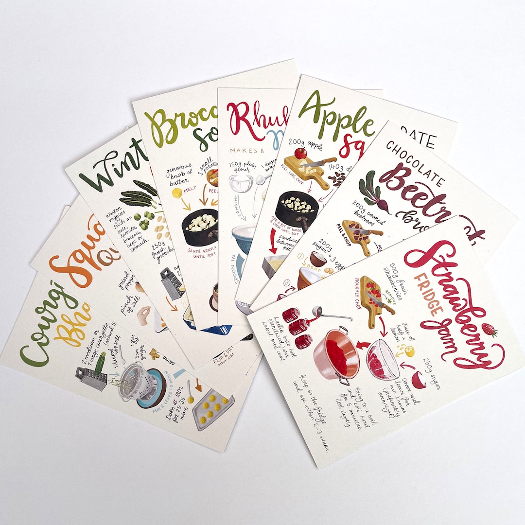 Illustrated Recipe Postcards, Pack of 8, A6 Size - Etsy