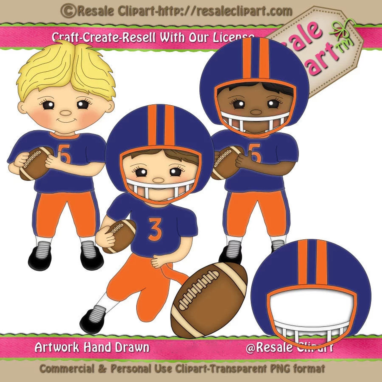 Little Football Player Boys Orange and Blue Clipart (instant Digital ...
