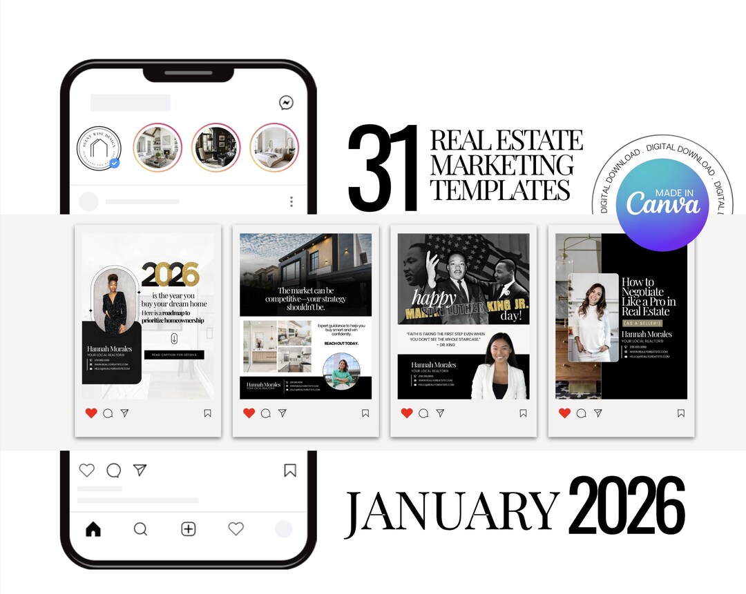 January 2026 Canva Real Estate Social Media Posts - 31 Pages, Easy to ...