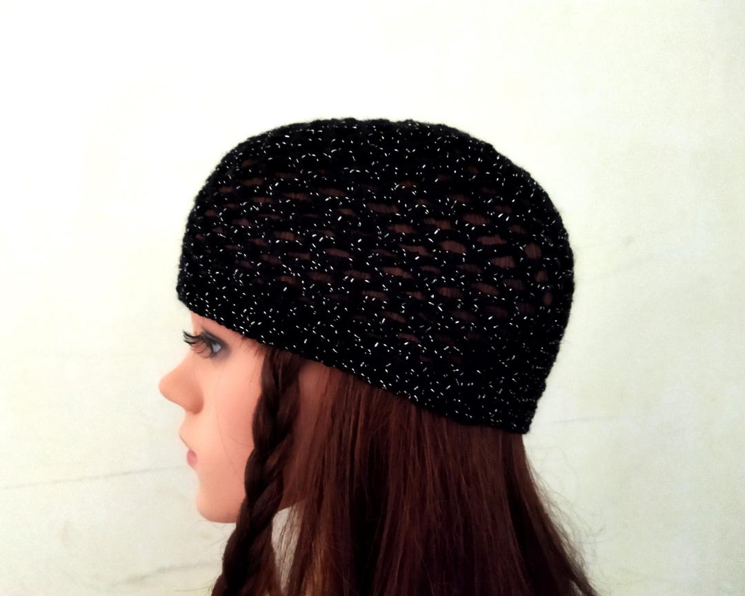 Black Silver Crochet Mesh Hat Crochet Lace Skull Cap, Crochet Net Hat ...