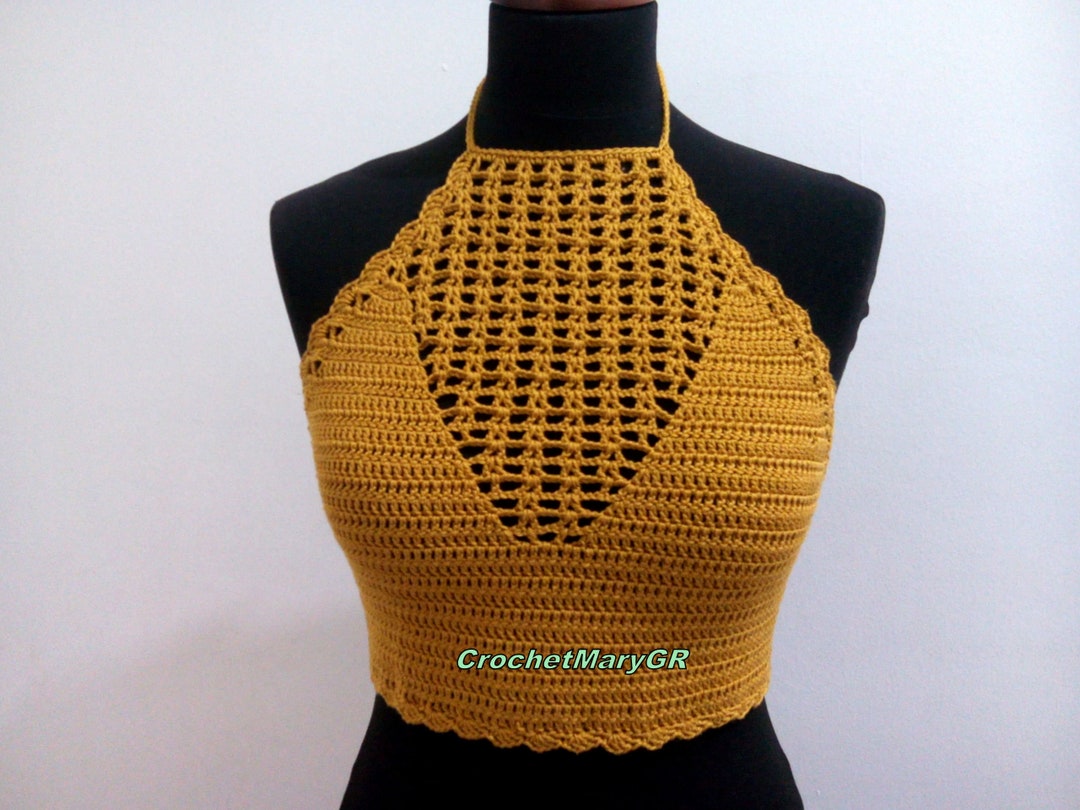 Mustard Crochet Halter Top: Bohemian Festival Crop Top - Etsy