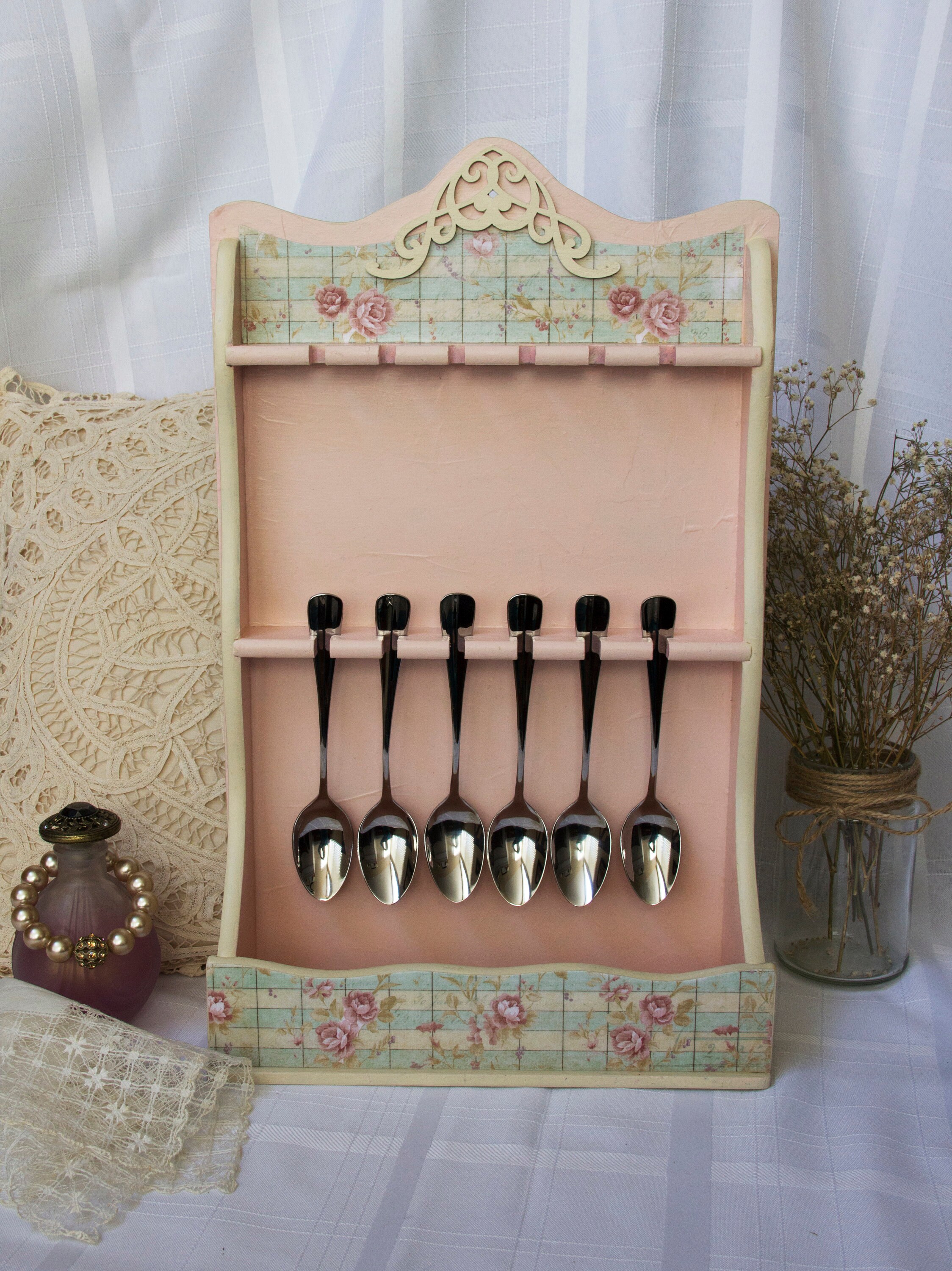 Shabby Chic Pale Pink Wall Wood Spoon Box~ Jewelry Display With Pocket ...