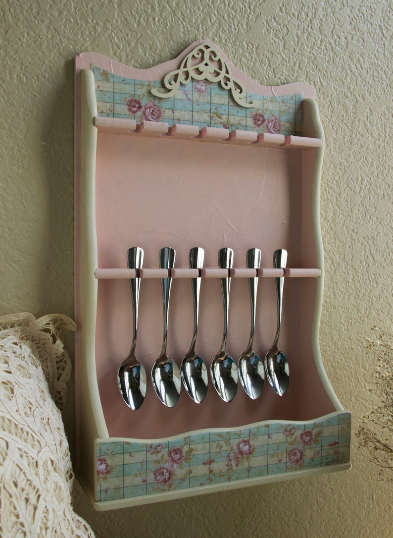 Shabby Chic Pale Pink Wall Wood Spoon Box~ Jewelry Display With Pocket ...