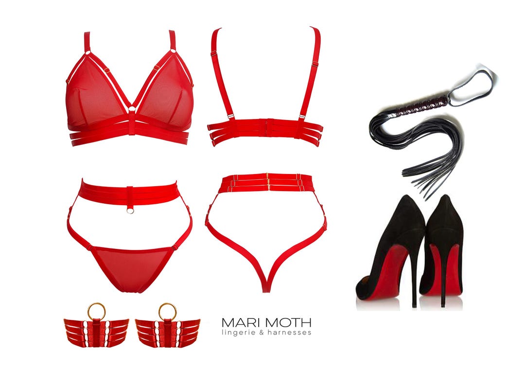 Leslie & Garters - Red Lingerie Set, Sexy Transparent Lingerie, See ...
