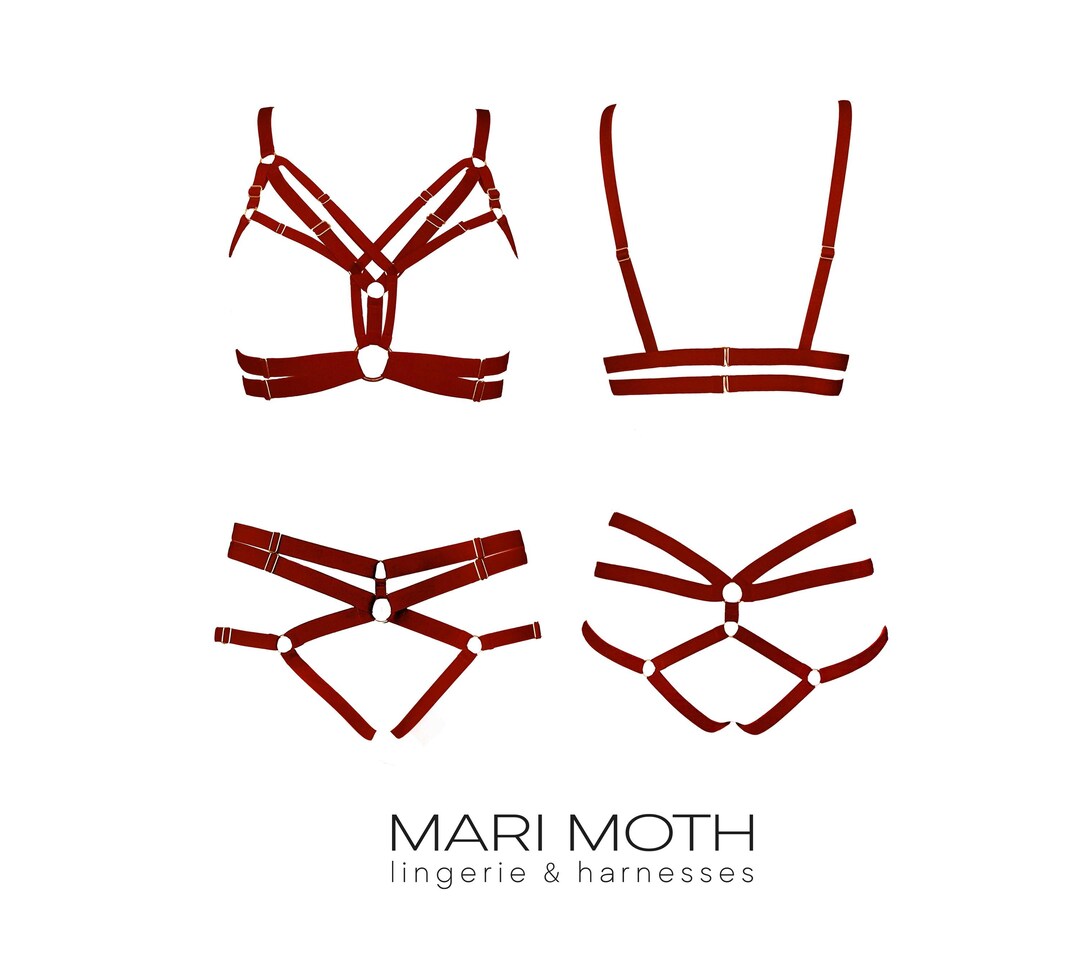 Olli Set In Bordo Color Sexy Body Harness Set With Leg Garters Crotchless Panties With Open