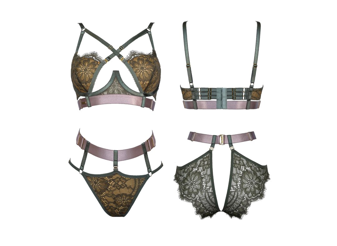 Elsie - Designer Lingerie Set, Olive Color & Silver Pink and Mustard ...