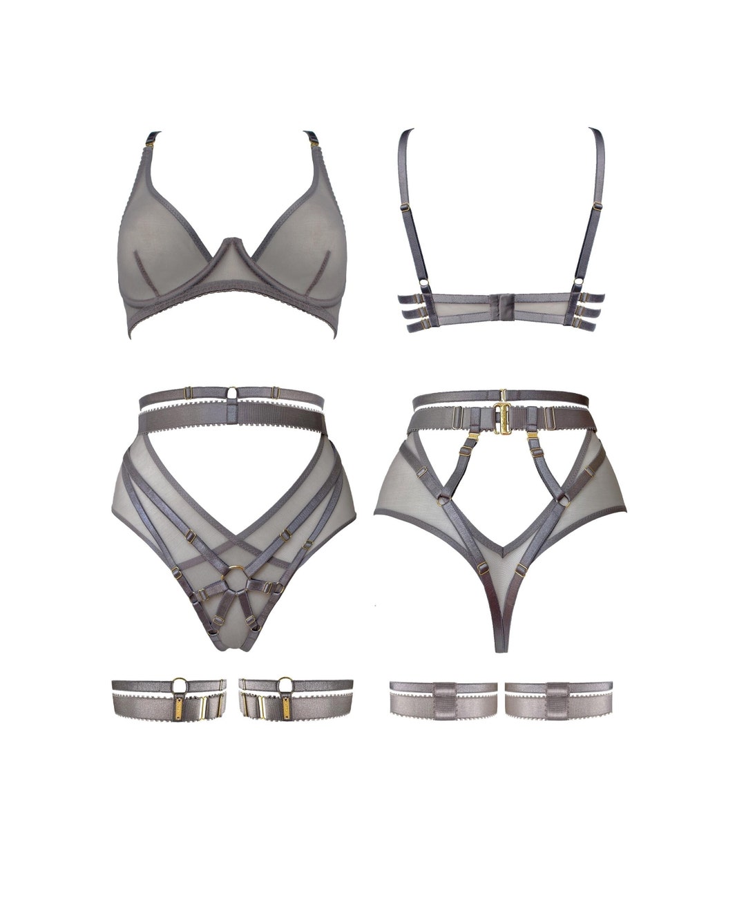 Emmi Set & Crotchless Panties, Leg Garters in Royal Beige-gray Color ...