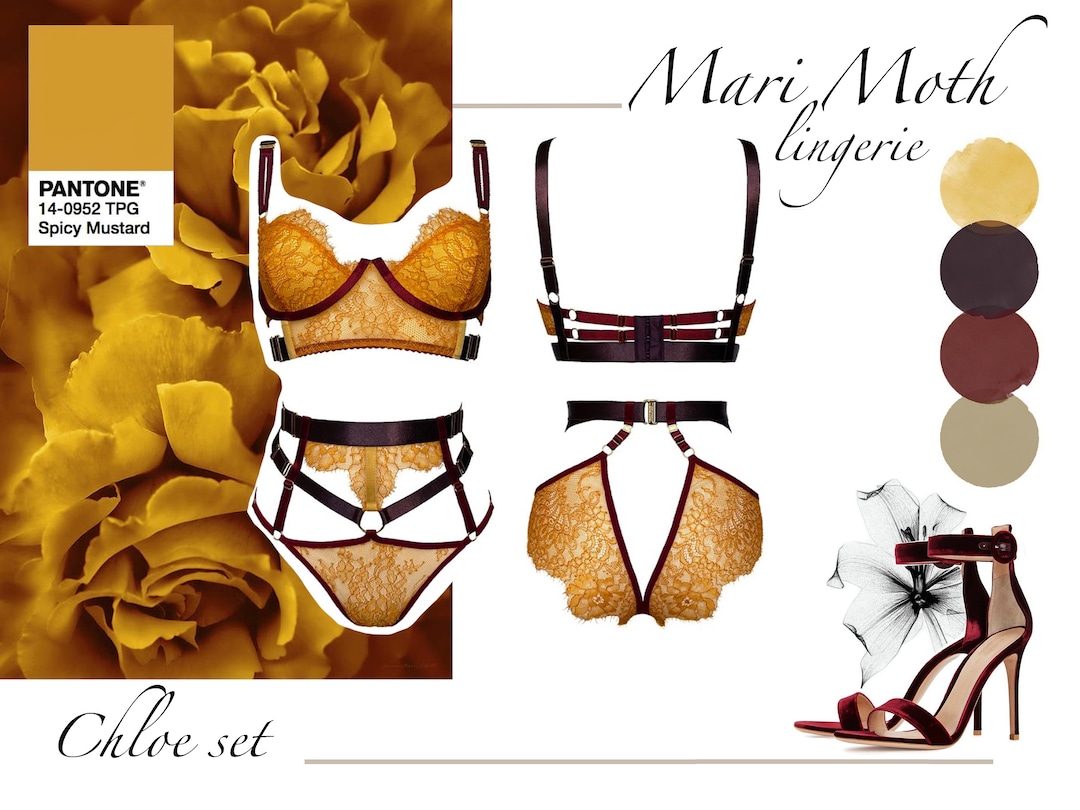 Chloe - Mustard Color Lingerie Set, Royal Bordo With Plum Color Straps ...