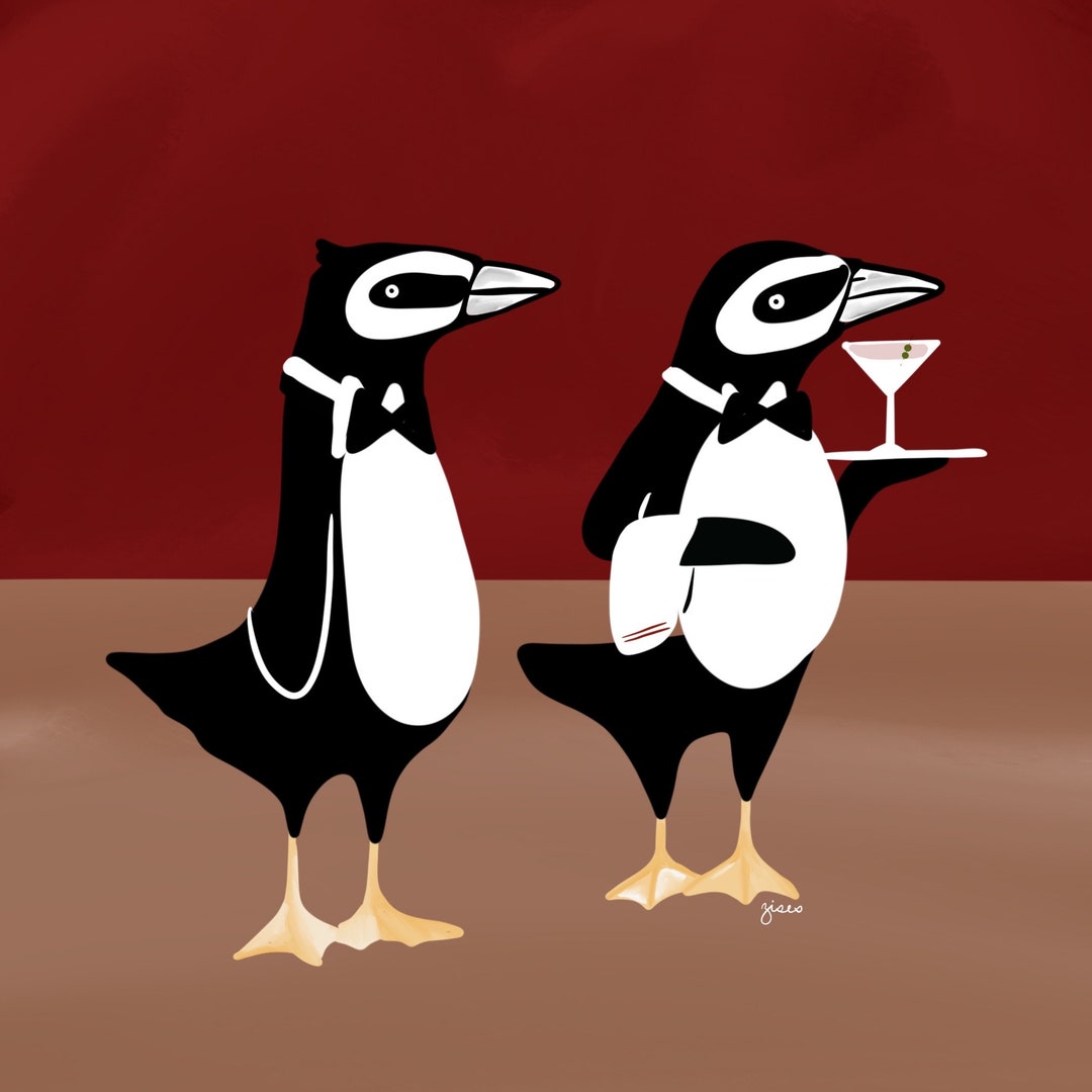 Domesticated Penguins Serving Martinis Art Print - Whimsical Bird ...