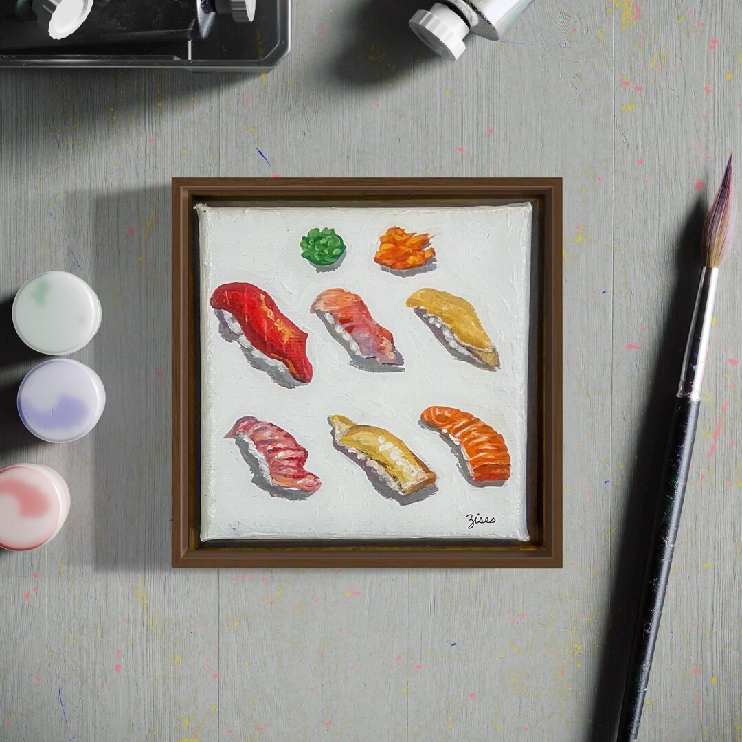 Sashimi Painting – 4x4 Acrylic Sushi Art With Wood Floater Frame - Etsy