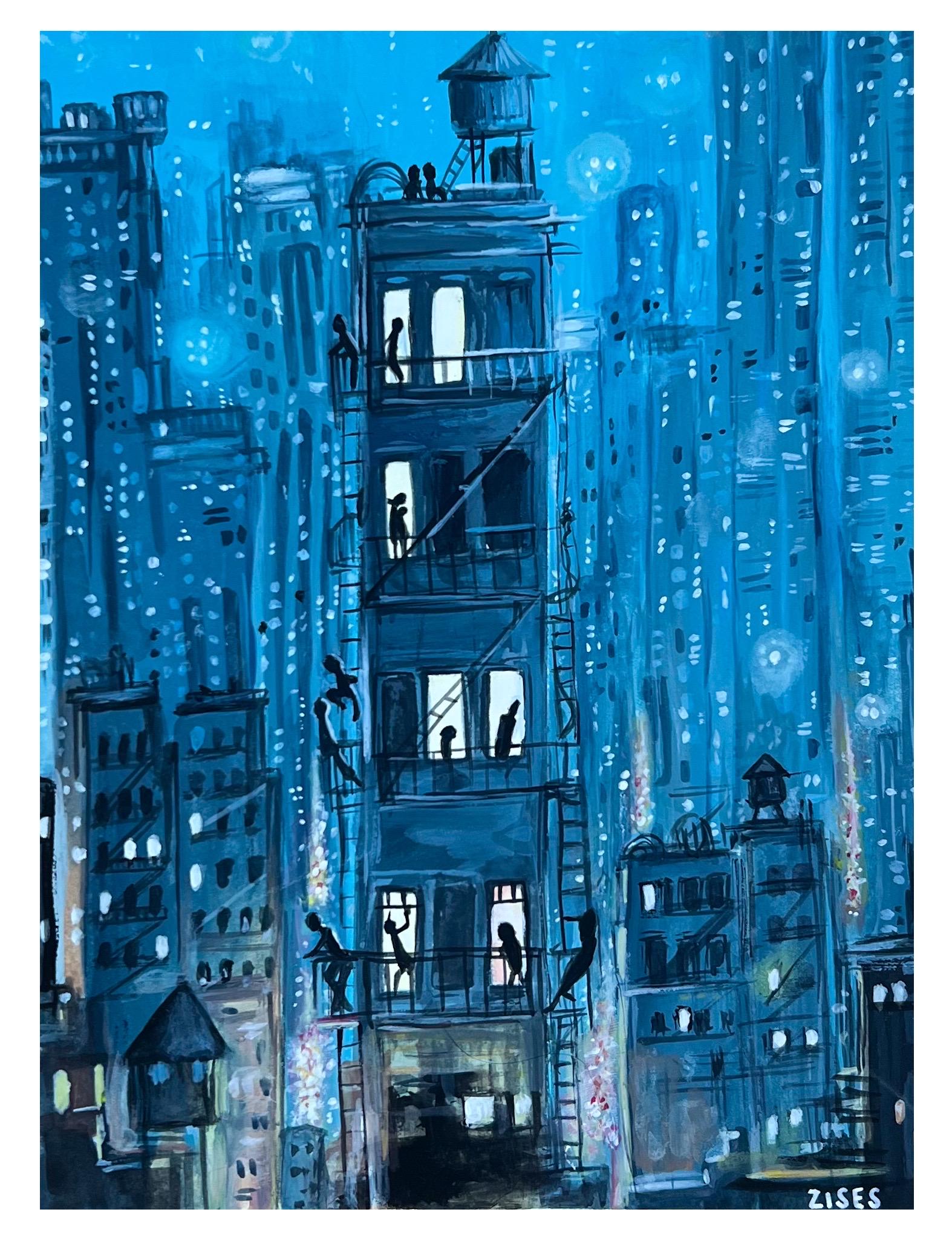 Urban Nightscape Art Print – Moody Blue Cityscape, Fire Escapes - Etsy
